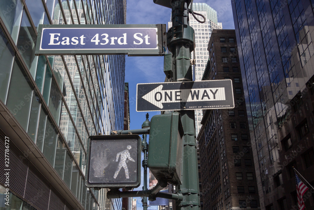 One Way road sign, pedestrian traffic lights with white light on East ...