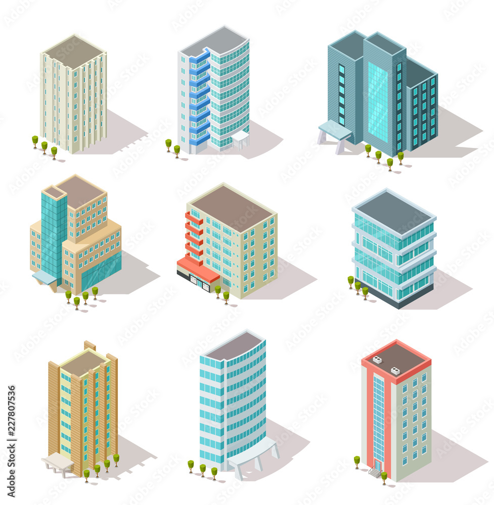 Isometric buildings. Business offices, apartment houses, skyscrapers ...