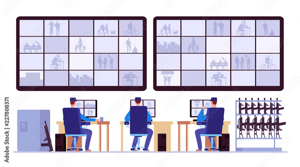 Security room. Professionals monitoring in control center with cctv ...