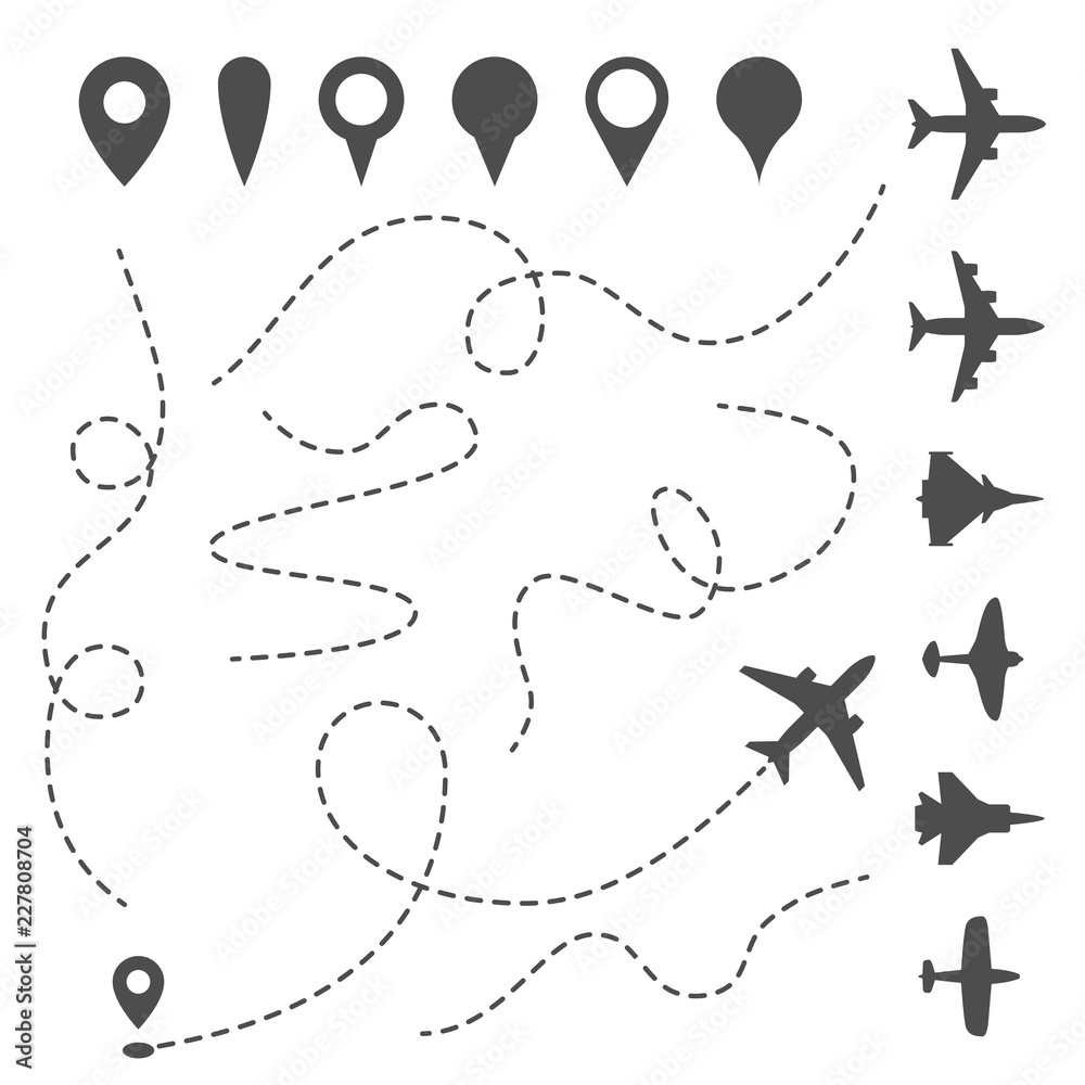 Plane line path. Airplane directional pathway, map dotted trail and fly ...