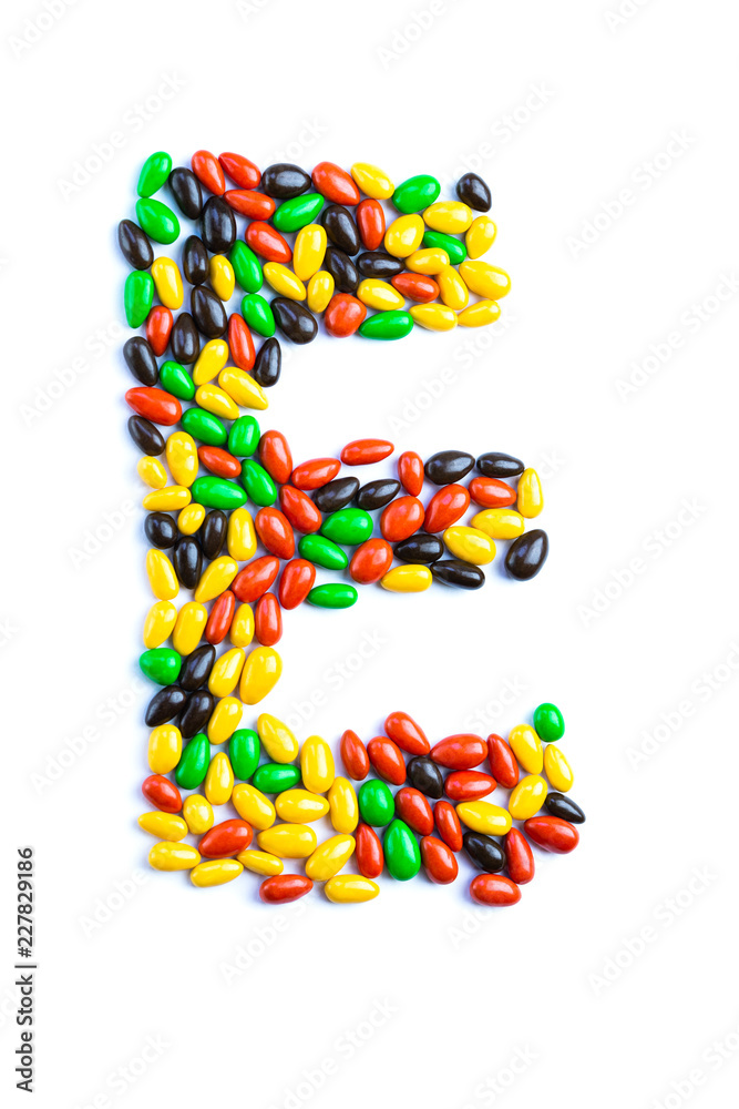 E Letter of alphabet made of candy isolated on white background Stock ...