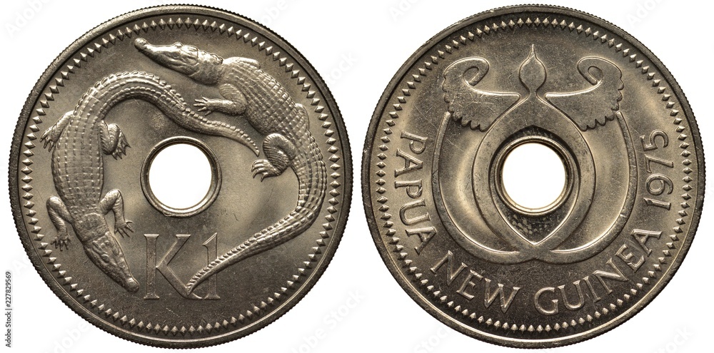 Papua-New Guinea coin 1 kina 1975, crocodiles flank center hole ...