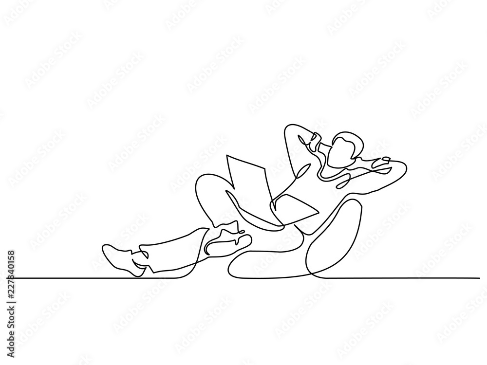 Continuous one line drawing. Young man relaxing in armchair, sitting ...