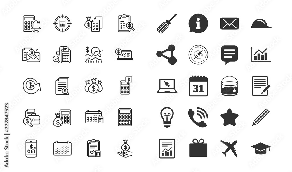 Accounting line icons. Set of Calculation, Check investment and Report ...