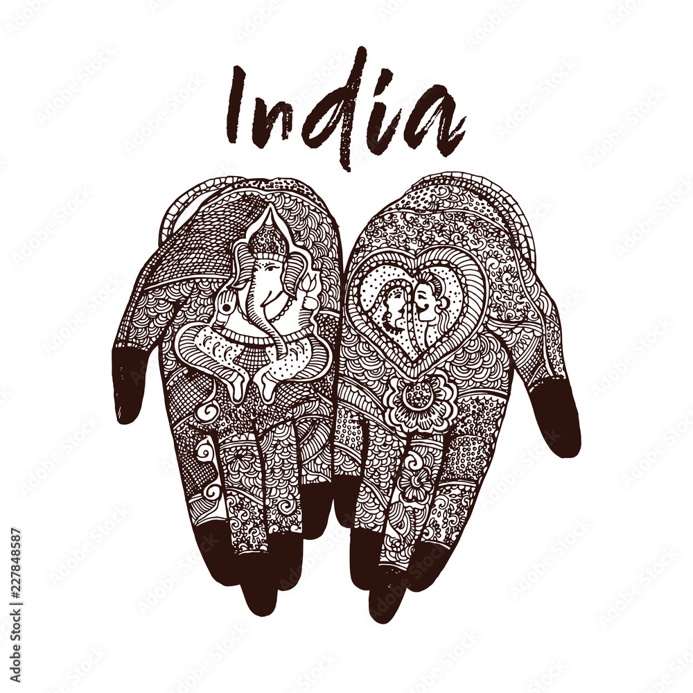 Hand drawn sketch style hands with Mehndi applied on them isolated on ...