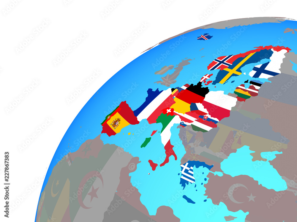 Schengen Area members with embedded national flags on globe. Stock ...