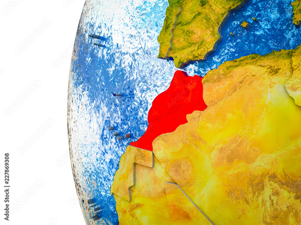 Morocco highlighted on 3D Earth with visible countries and watery ...