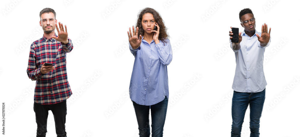 Collage of young people talking and texting using smartphone over ...