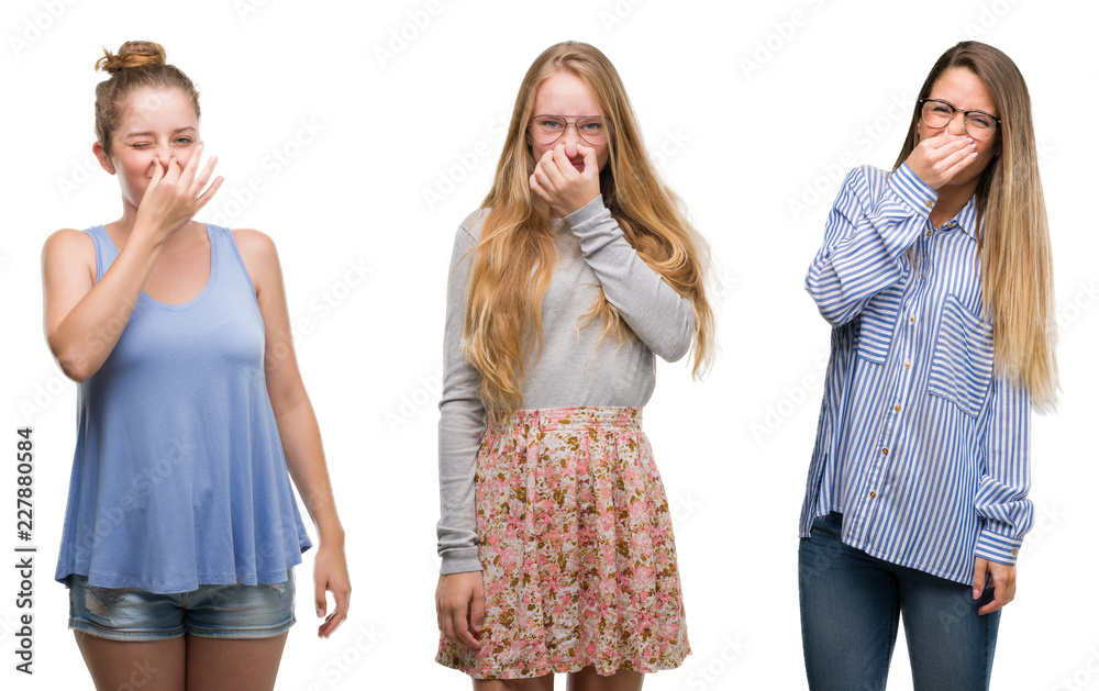 Collage of group of blonde women over isolated background smelling ...