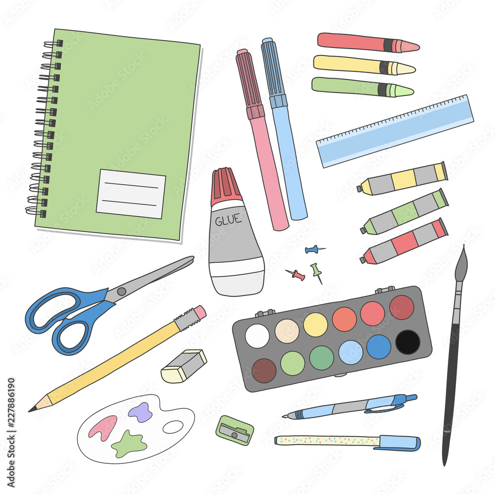 Set of colorful school writing tools. Implements of fine art. Realistic ...