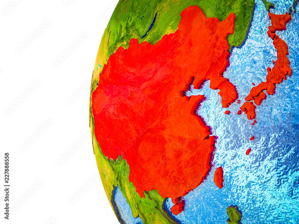 East Asia highlighted on 3D Earth with visible countries and watery ...