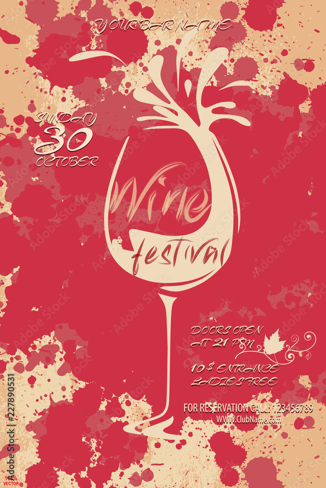 Vector illustration with wine glass and grapes in grunge style for wine ...