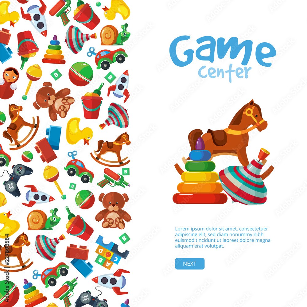 Toys background. Teddy bear tipper pyramid tumbler snail machine bucket ...