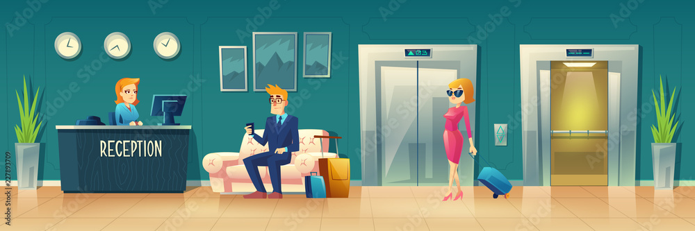 Vector cartoon background of hotel reception. Manager, receptionist ...