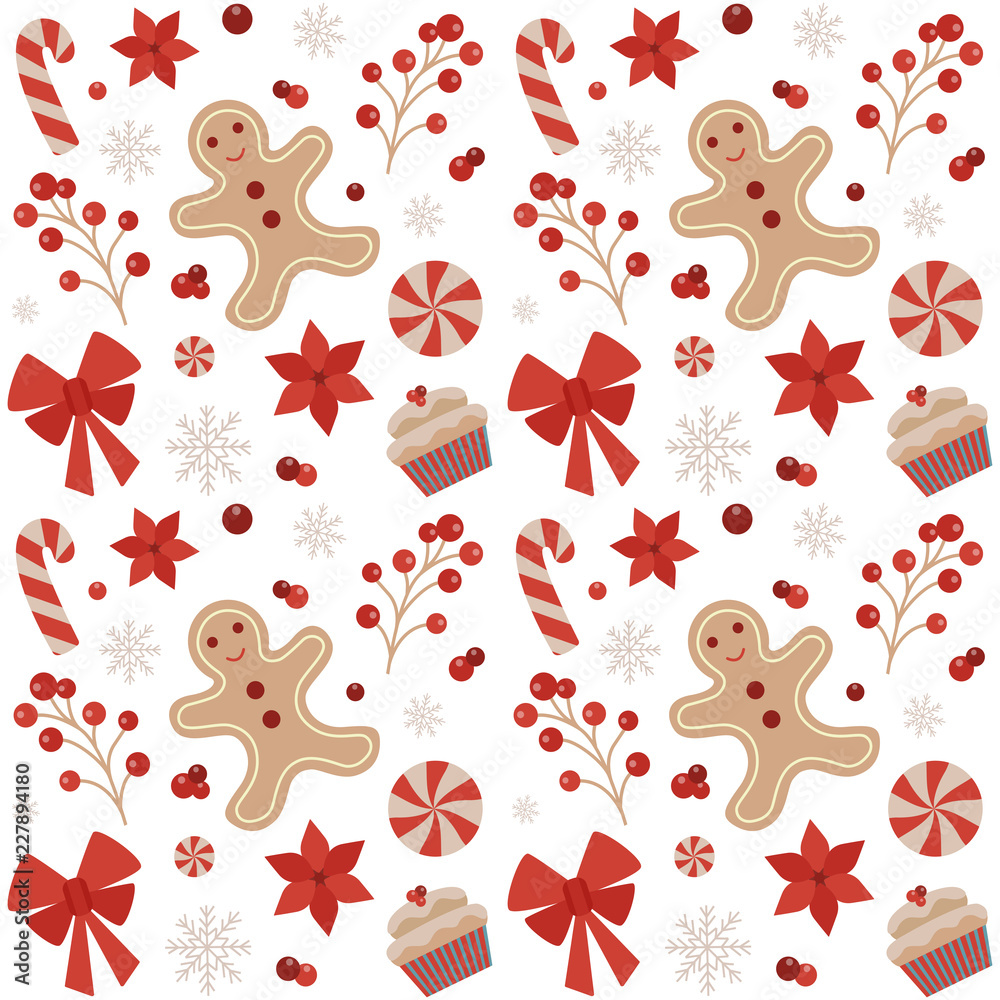 Christmas seamless pattern with gingerbread mans, snowflakes, candy ...