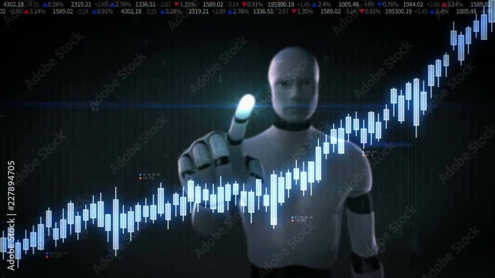 Robot cyborg touched screen, various animated Stock Market charts and ...