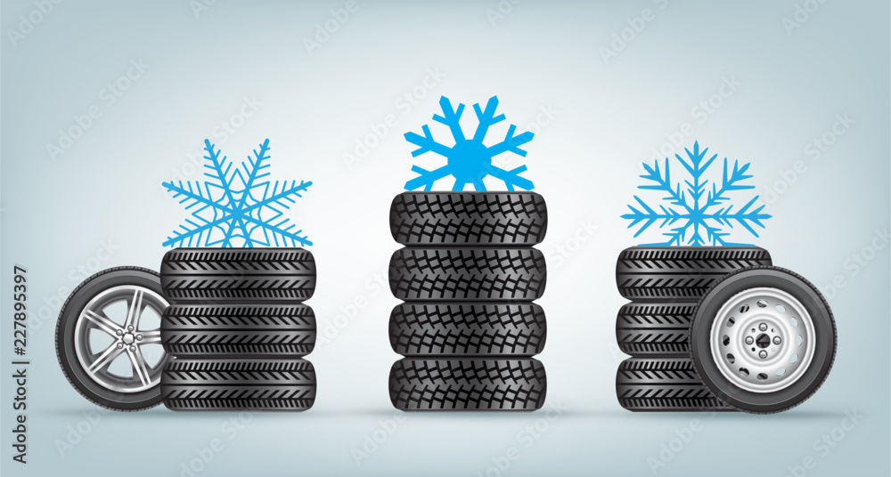 Winter wheels icon set with snowflake sign from above. Wintery tire ...
