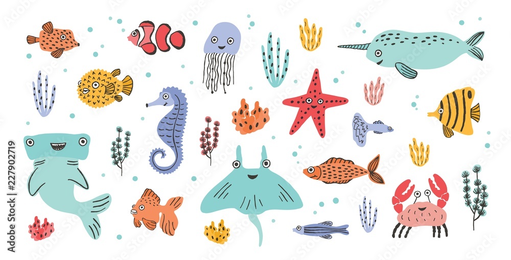 Collection of cute smiling marine animals - narwhal, hammerhead ...