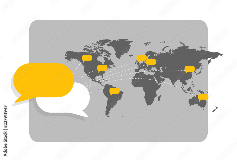 World map with message bubbles showing interconnection with each other ...
