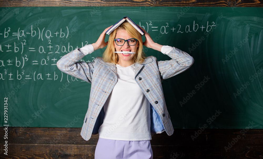Teacher woman with book chalkboard background. Why teacher quit off ...
