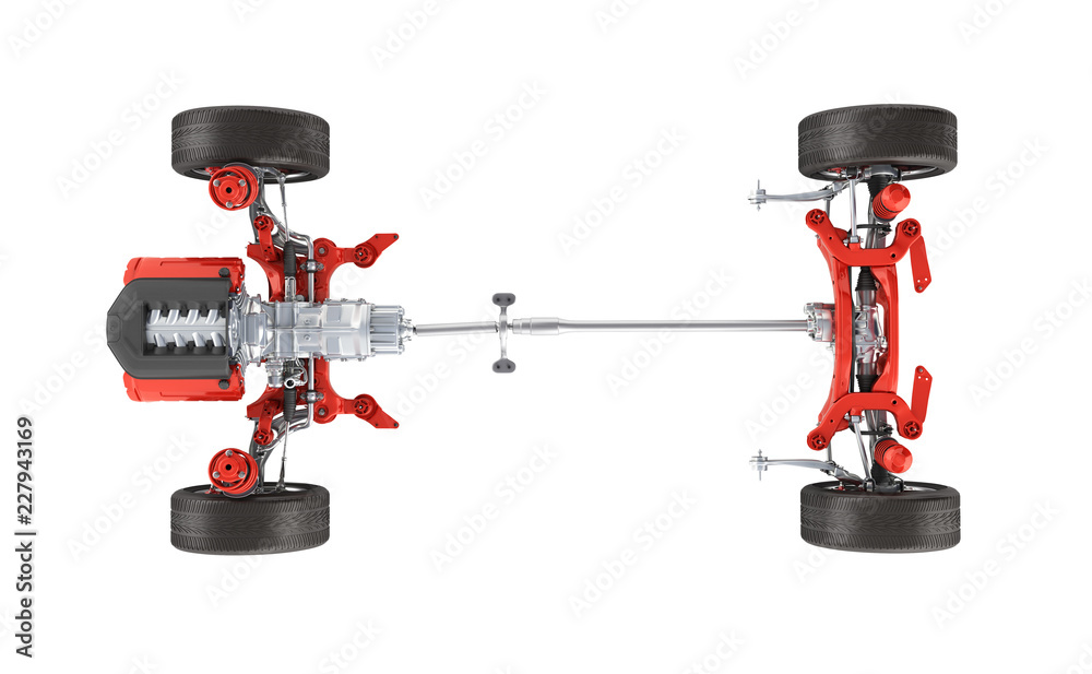 Suspension of the car with wheel and engine Undercarriage in detail top ...