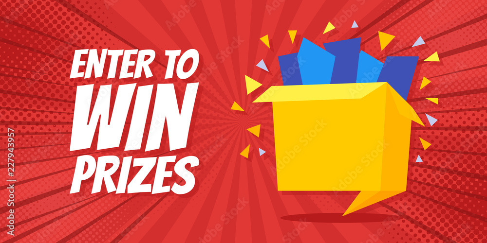 Enter to win prizes gift box. Cartoon origami style vector illustration ...
