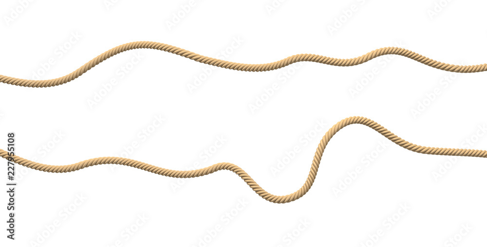 3d rendering of two lines of yellow natural rope lying on a white ...
