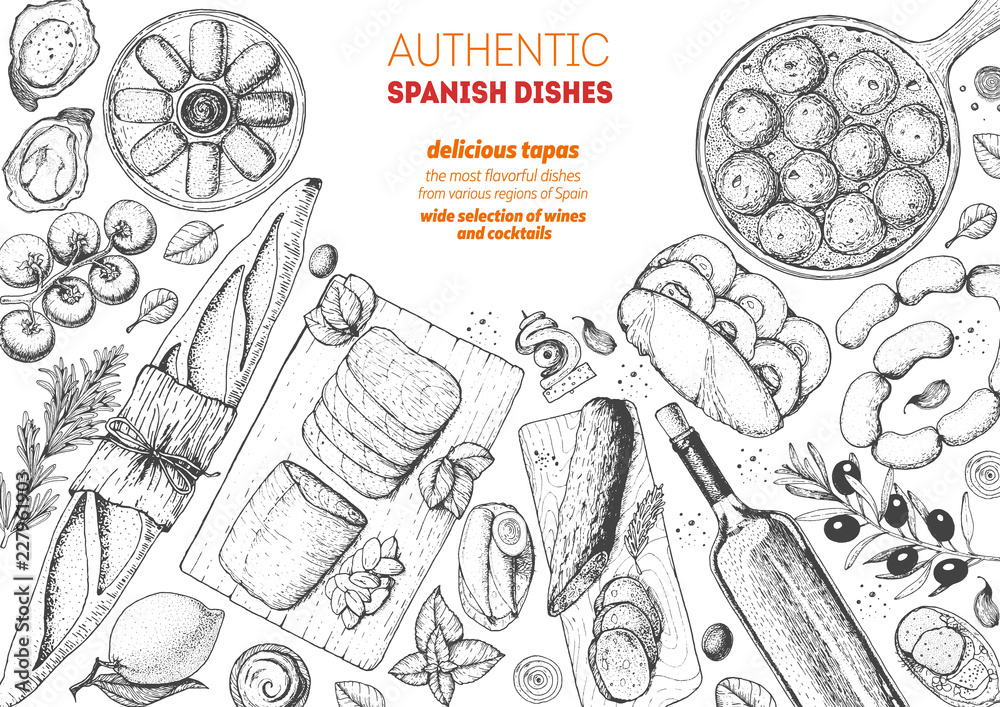 Spanish cuisine top view frame. A set of spanish dishes with albondigas ...