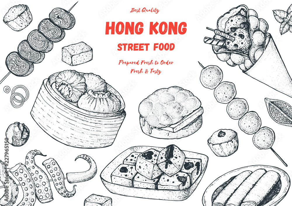Hong kong street food frame. Chinese food menu design template. Vintage ...