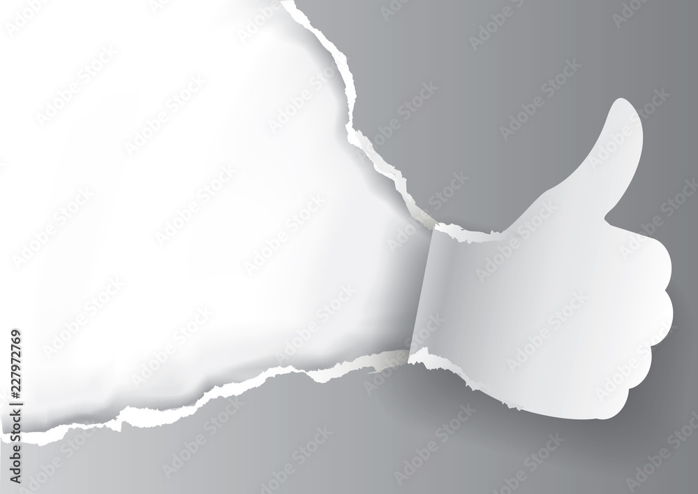 Thumbs up Ripped grey paper background. Paper background with torn ...