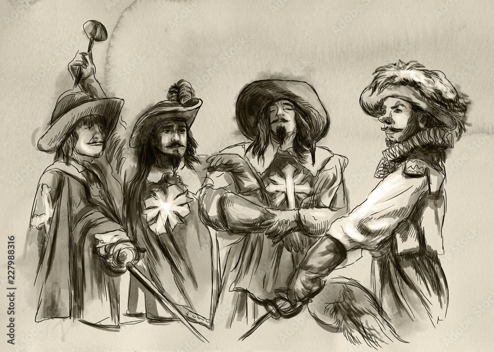 The Three Musketeers. An hand drawn illustration. Freehand drawing ...