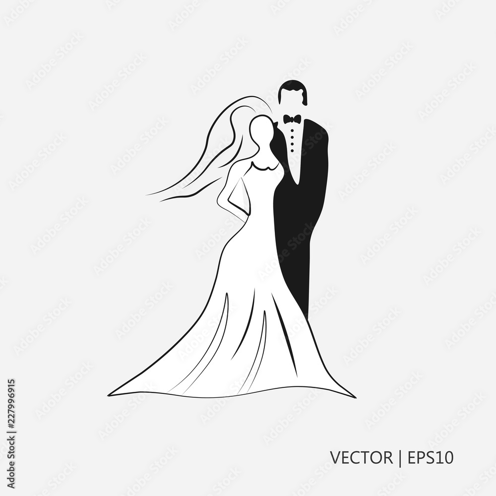 Vector illustration: Young couple. Marriage. Woman in wedding dress ...