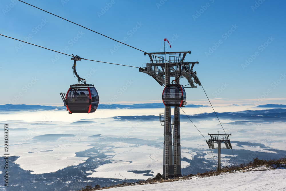 Ski resort. Gondola lift. Cabin of ski-lift in the ski resort Stock ...