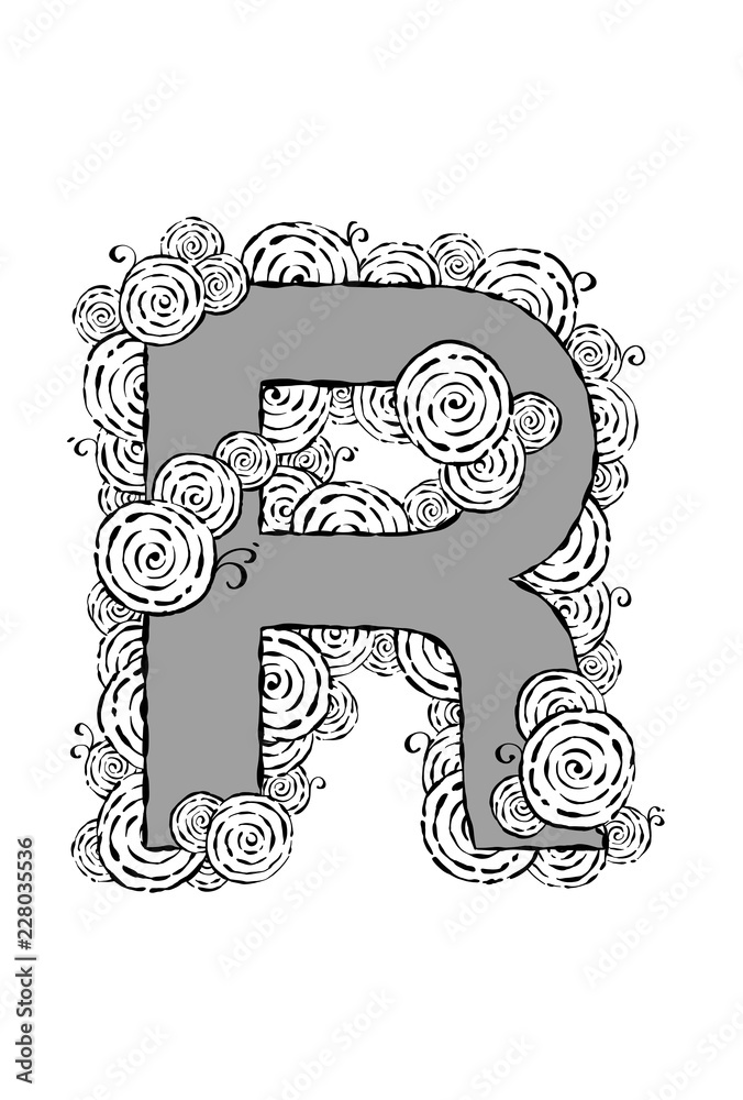 Black and white illustration of the letter "R" with swirl patterns ...