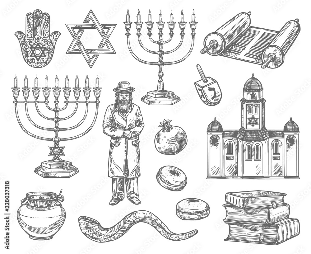 Judaism religion symbols, jewish objects Stock Vector | Adobe Stock