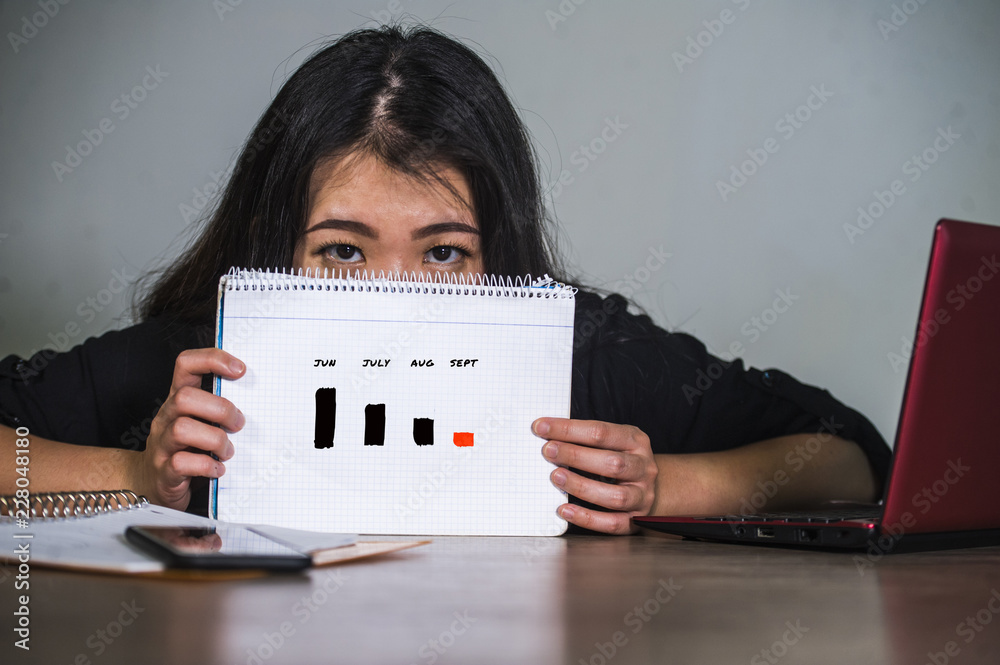 frustrated Asian Japanese business woman suffering depression holding ...