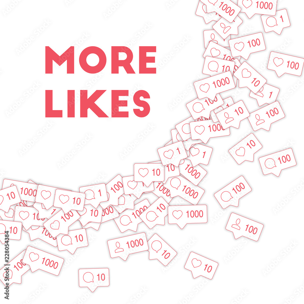Social media icons. More likes concept. Falling counter comment friend ...