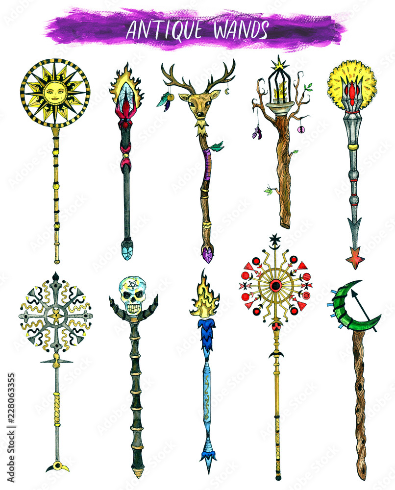 Antique magic wands isolated on white. Hand drawn doodle graphic ...