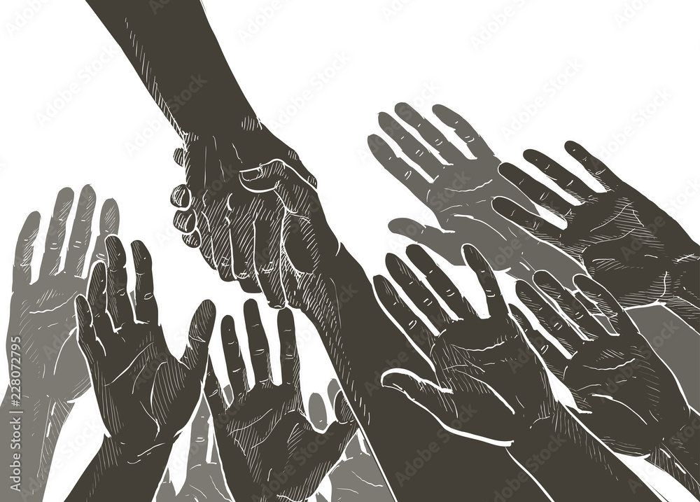 Helping hand concept hands taking each other vector line illustration ...