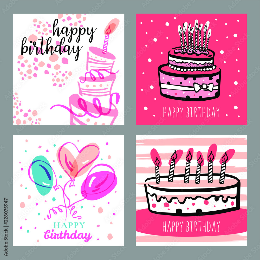 Set of square birthday card design templates. Hand drawn cartoon vector ...