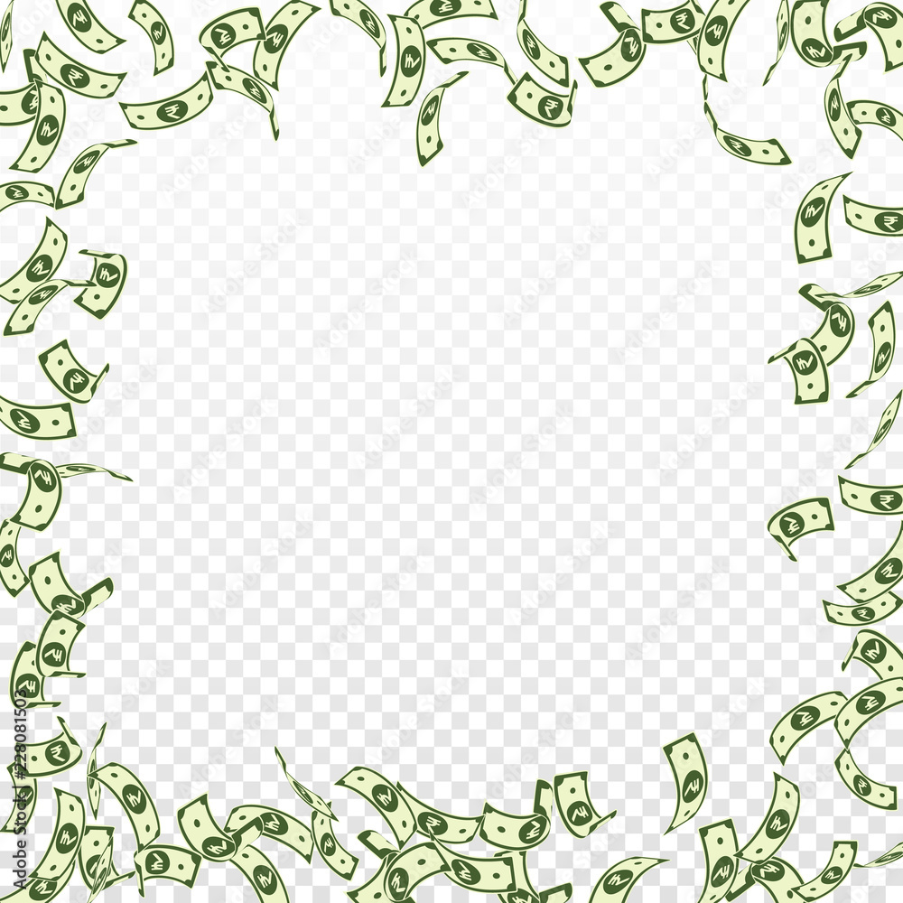 Indian rupee notes falling. Sparse INR bills on transparent background ...