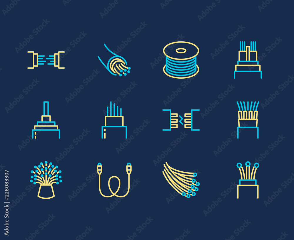 Optical fiber flat line vector icons. Network connection, computer wire ...
