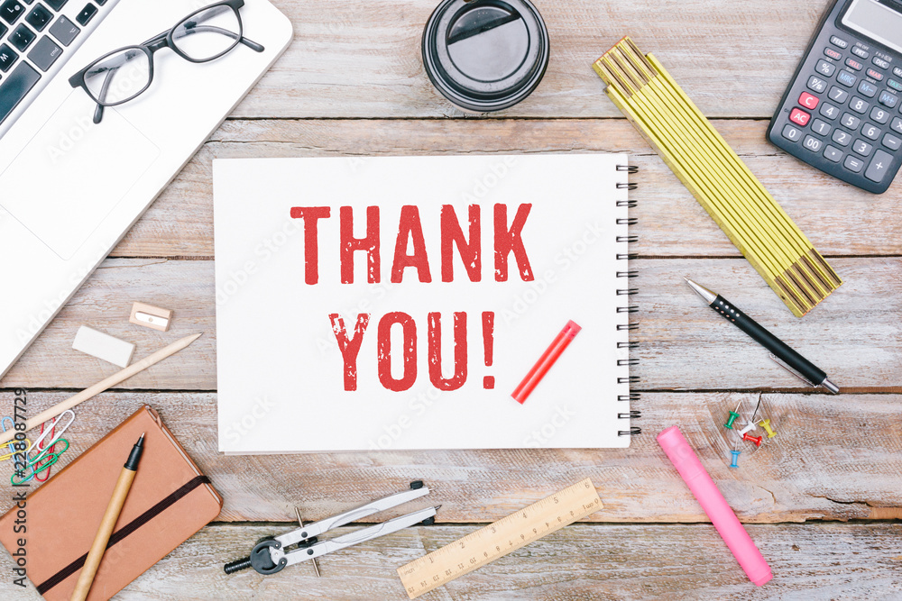Thank You word message in sketch book on office table flat lay Stock ...