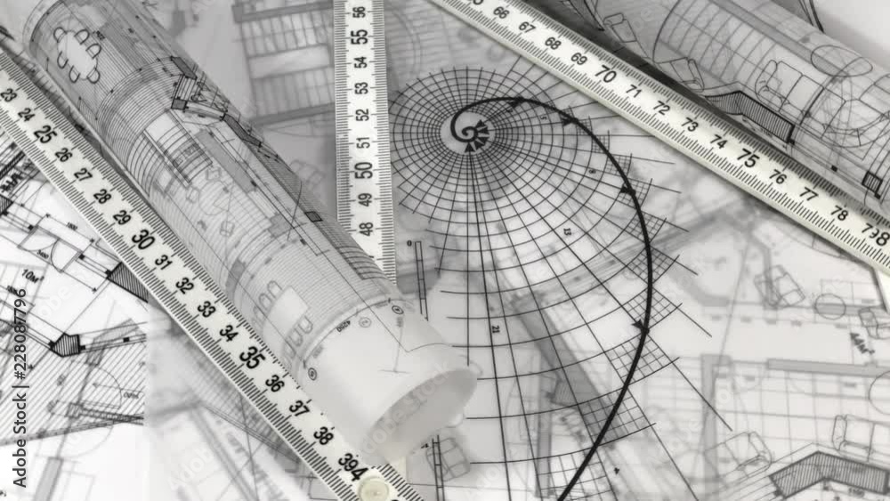 Blueprints - rolls of architectural drawings, yardstick - folding ruler ...