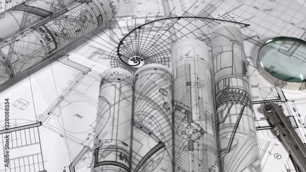 Blueprints - rolls of architectural drawings and drawing of the golden ...