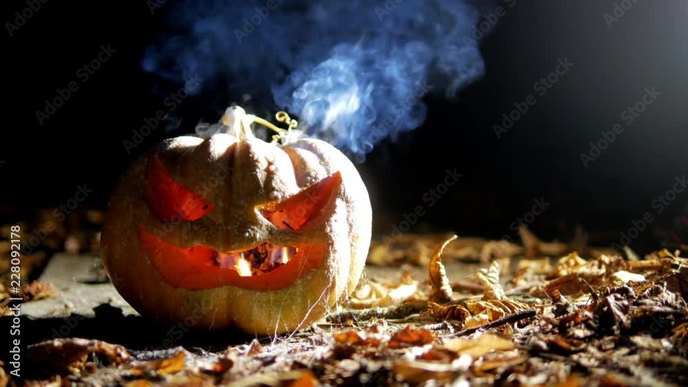 Halloween pumpkin with smoke in a concrete slab with yellow leaves ...