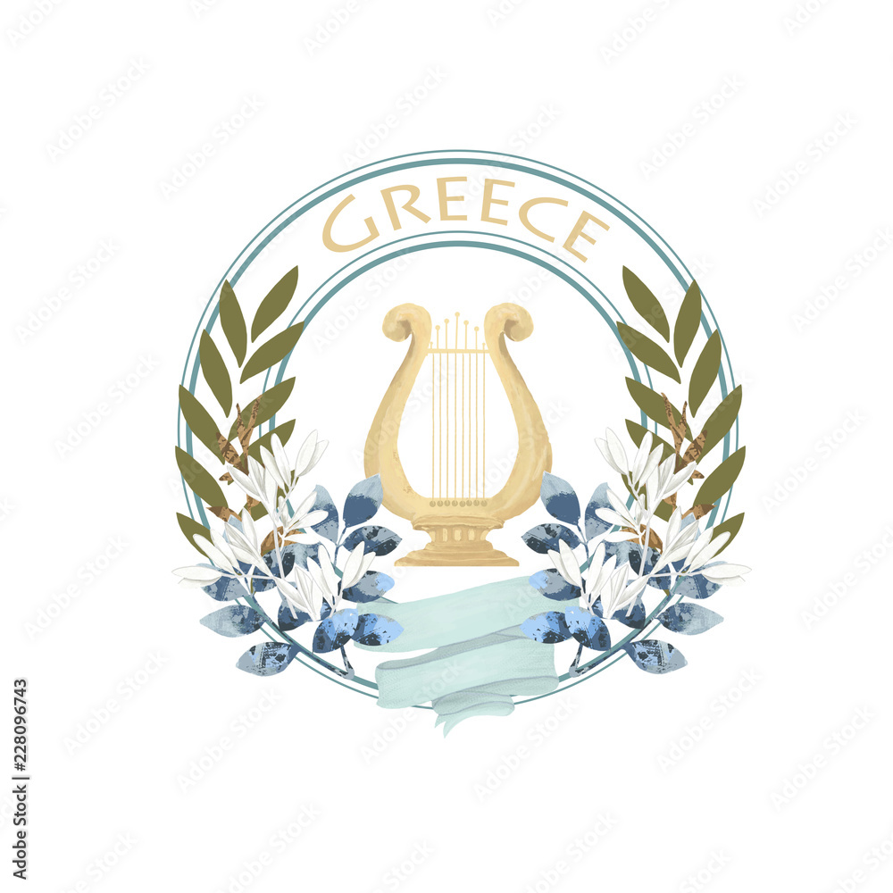 Vintage ancient Greece label with olive harp and ribbon color bouquet ...
