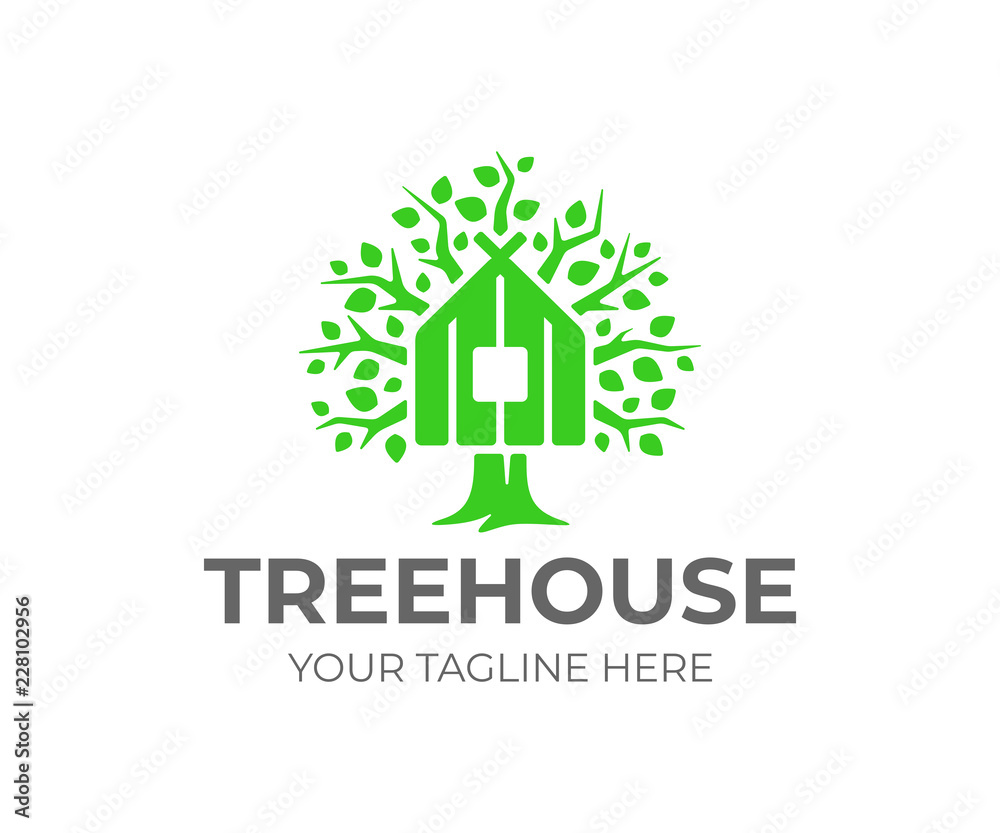 Tree house logo design. Green eco house vector design. House on a tree ...