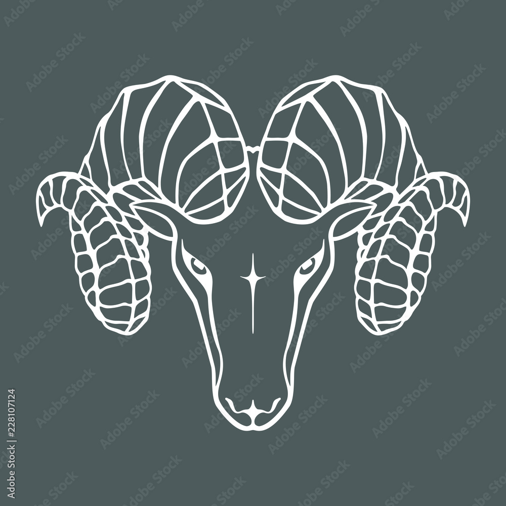 Aries graphic icon. Head ram white sign isolated on gray background ...