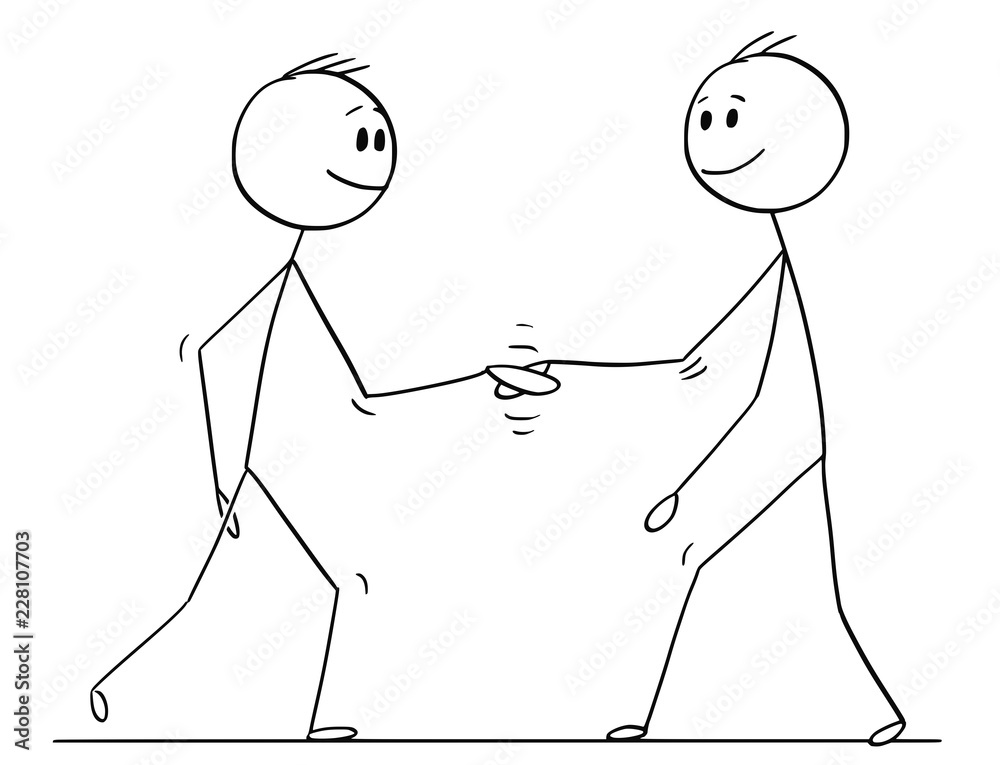 Cartoon stick drawing conceptual illustration of two men or businessmen ...